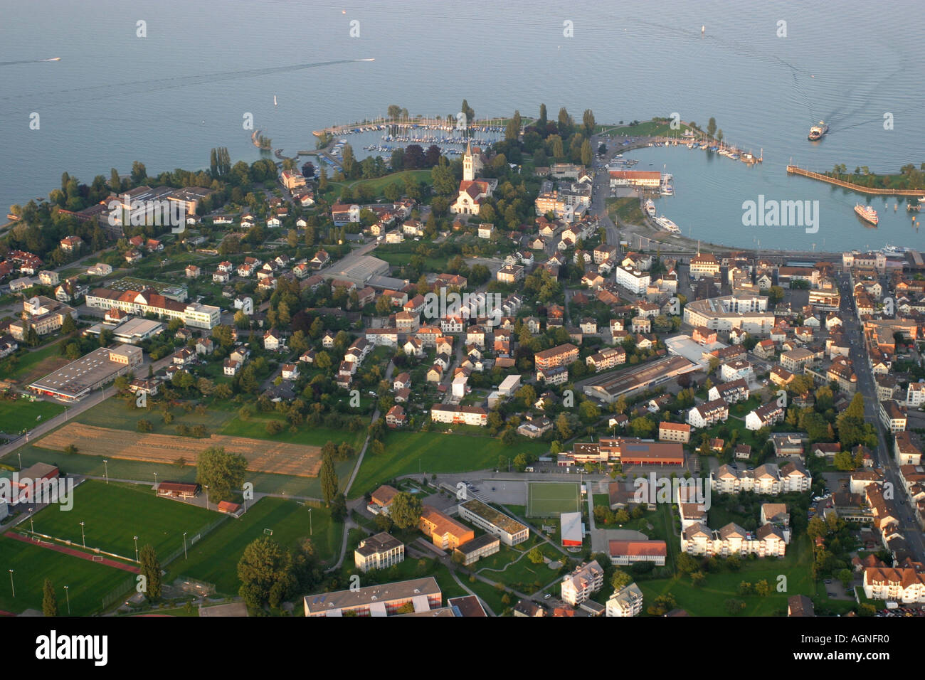 Aerial view of the harbor of Romanshorn (Lake of Constance, Switzerland ...
