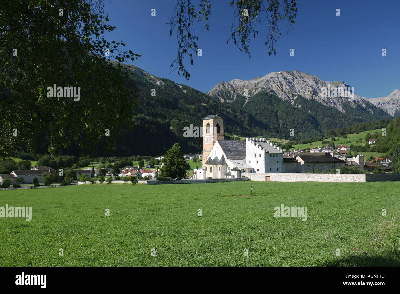 The monastery of St. John's (St. Johann) in Münstertal valley, Engadin ...