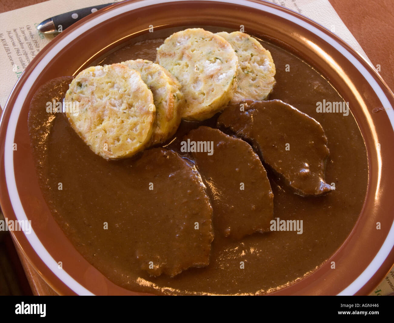 Typical Czech cuisine venison in rich sauce with sliced dumplings ...