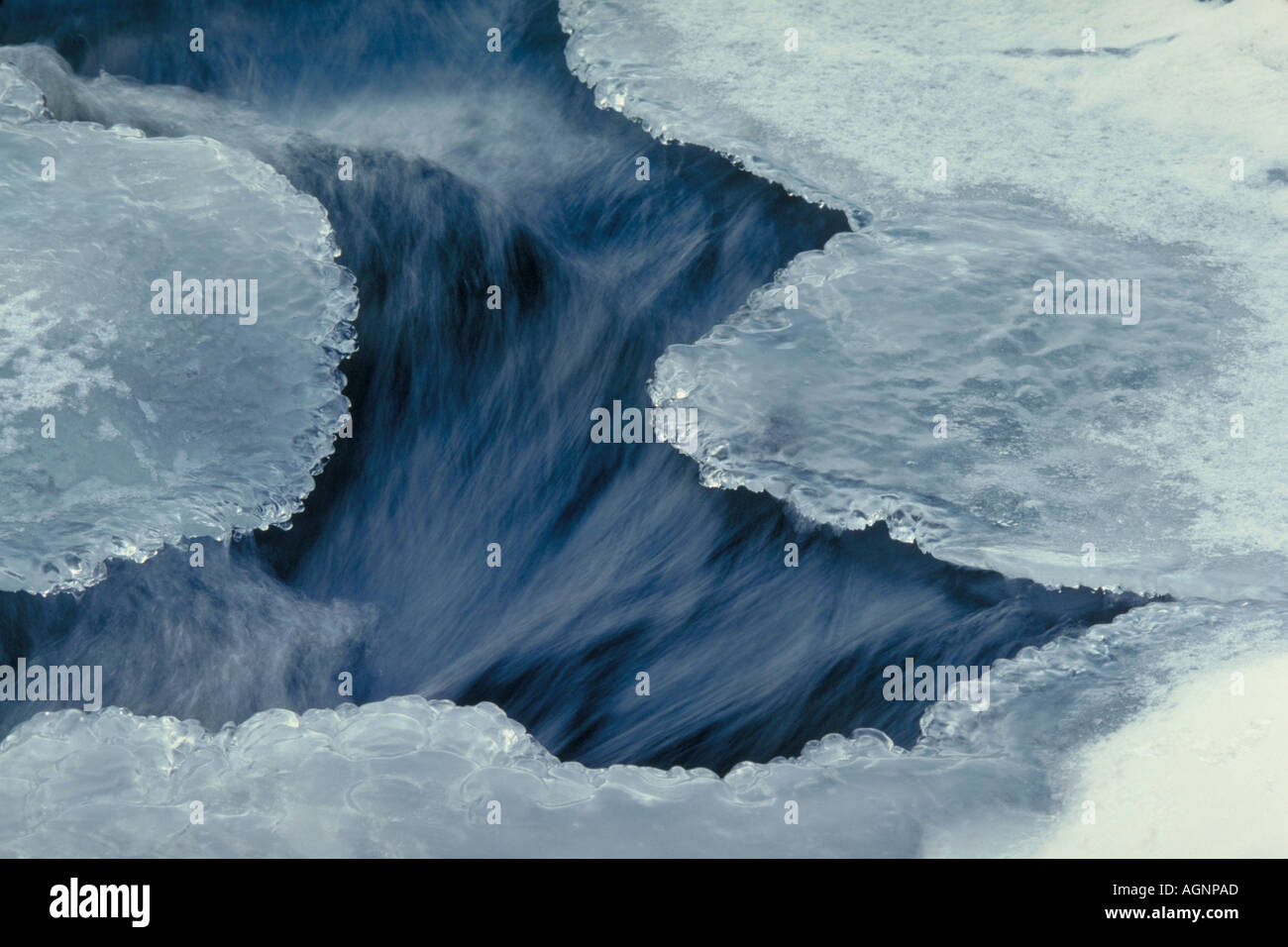 Icy water flows under frozen snow Stock Photo - Alamy