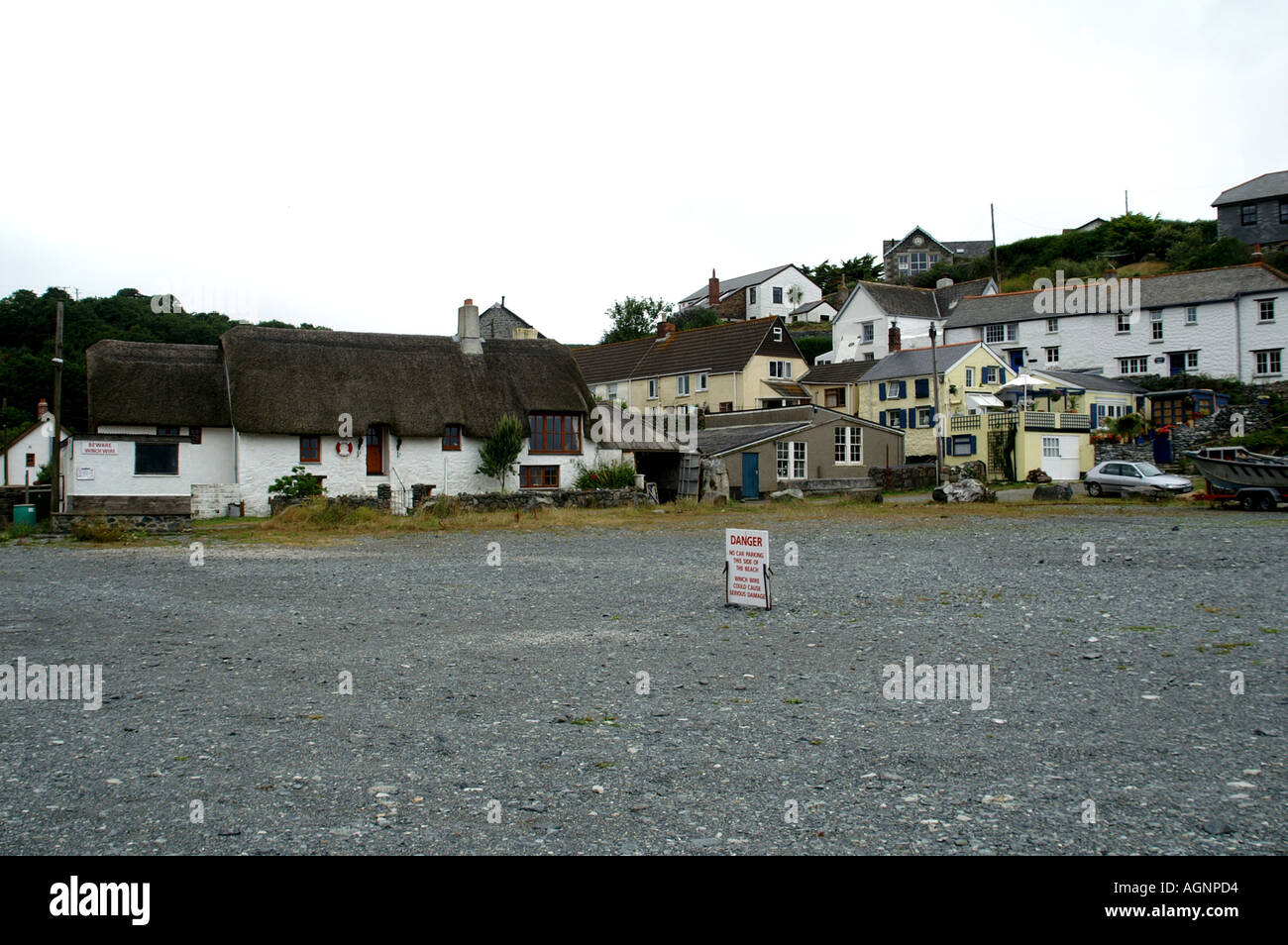 Thatched cottages at Porthallow village St Anthony in Meneage Cornwall ...
