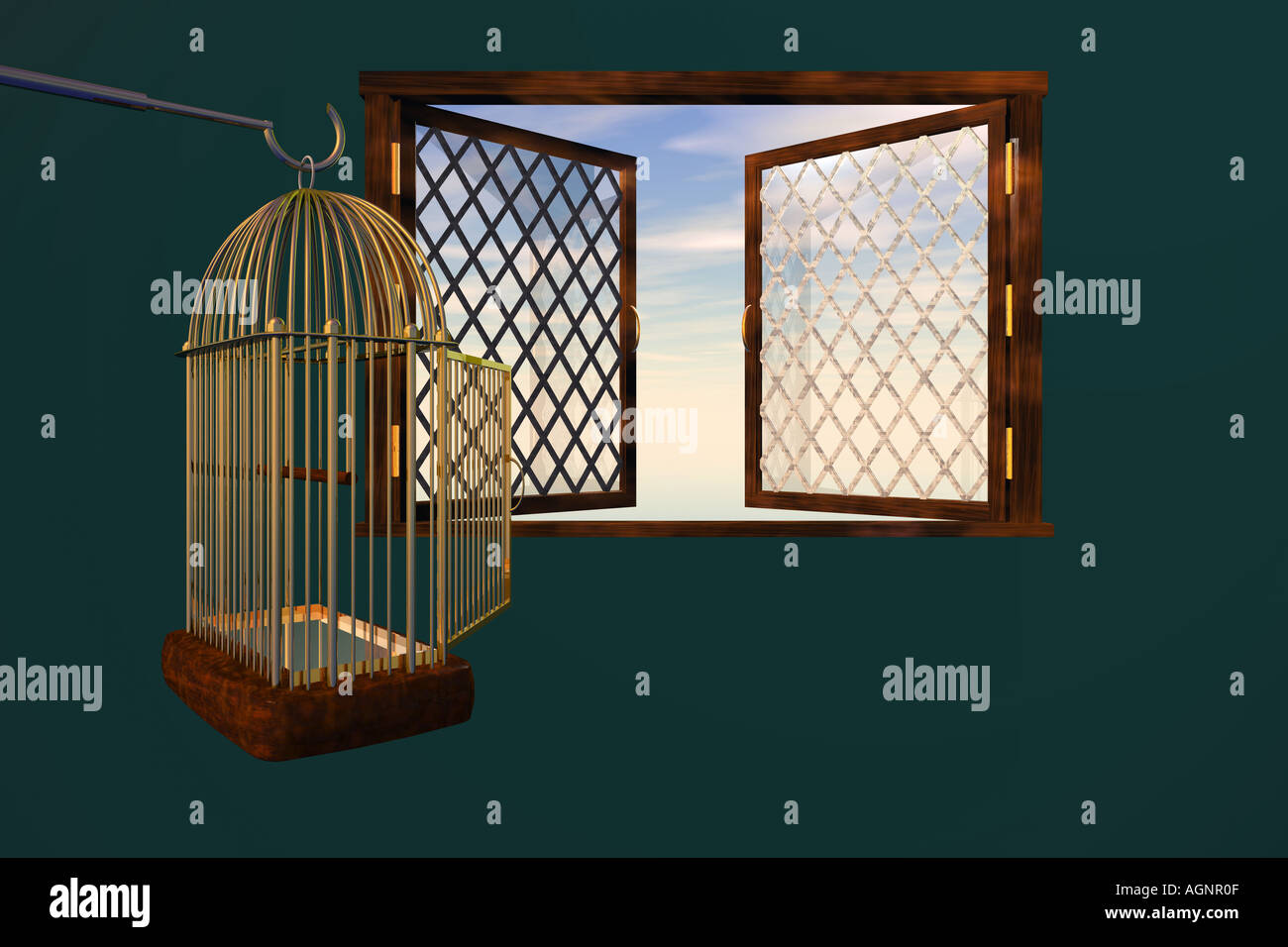 Birdcage with an open door next to a window Stock Photo - Alamy