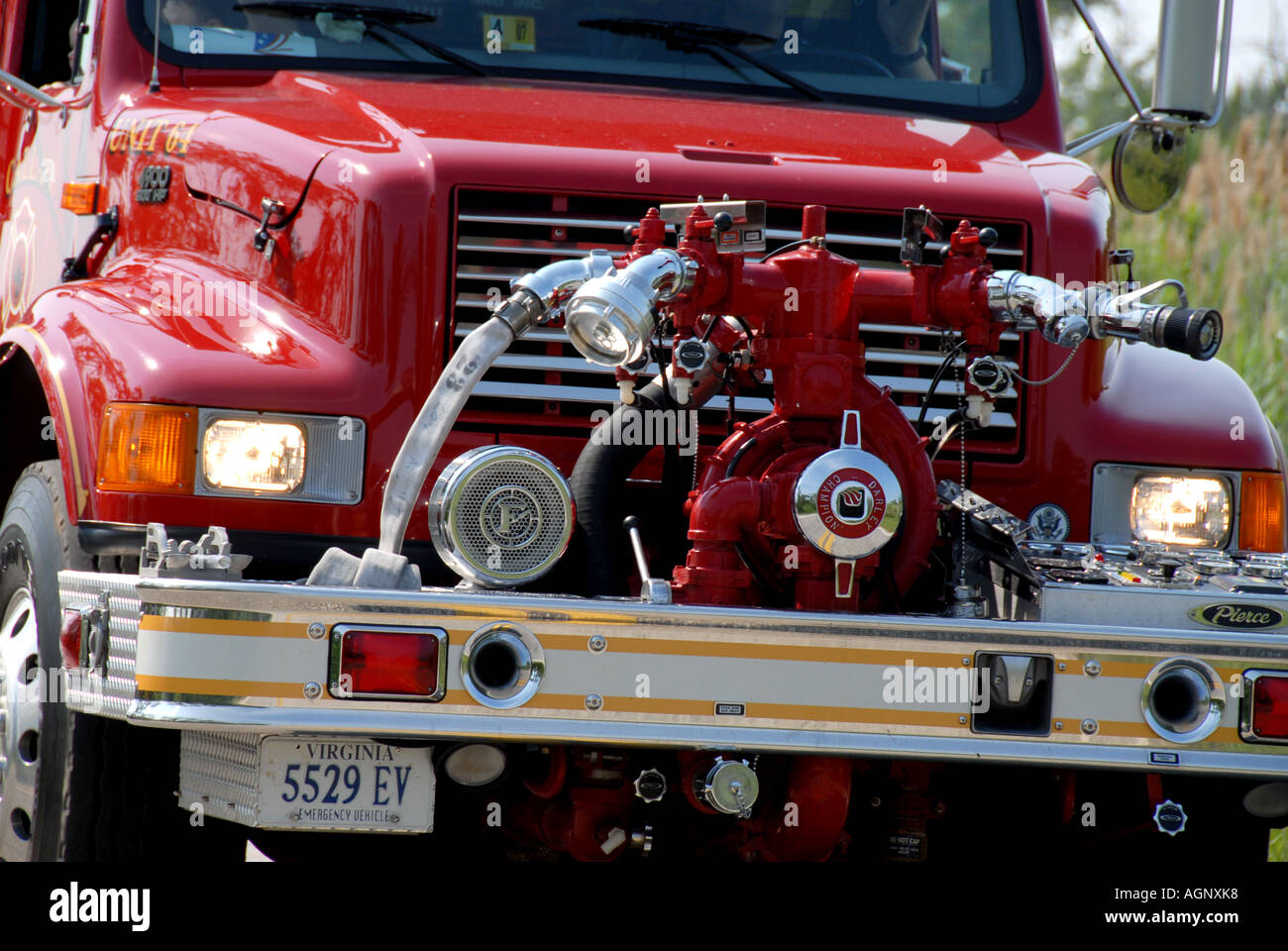 Fire truck detailed closeup of front grille showing hoses Stock Photo ...