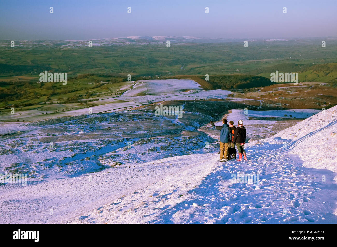 People walking up Hay Bluff stop to admire the view, Powys, Wales, UK ...