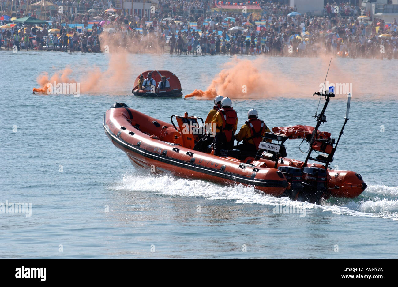 An RNLI Inshore Lifeboat giving a display at Weymouth in Dorset England ...