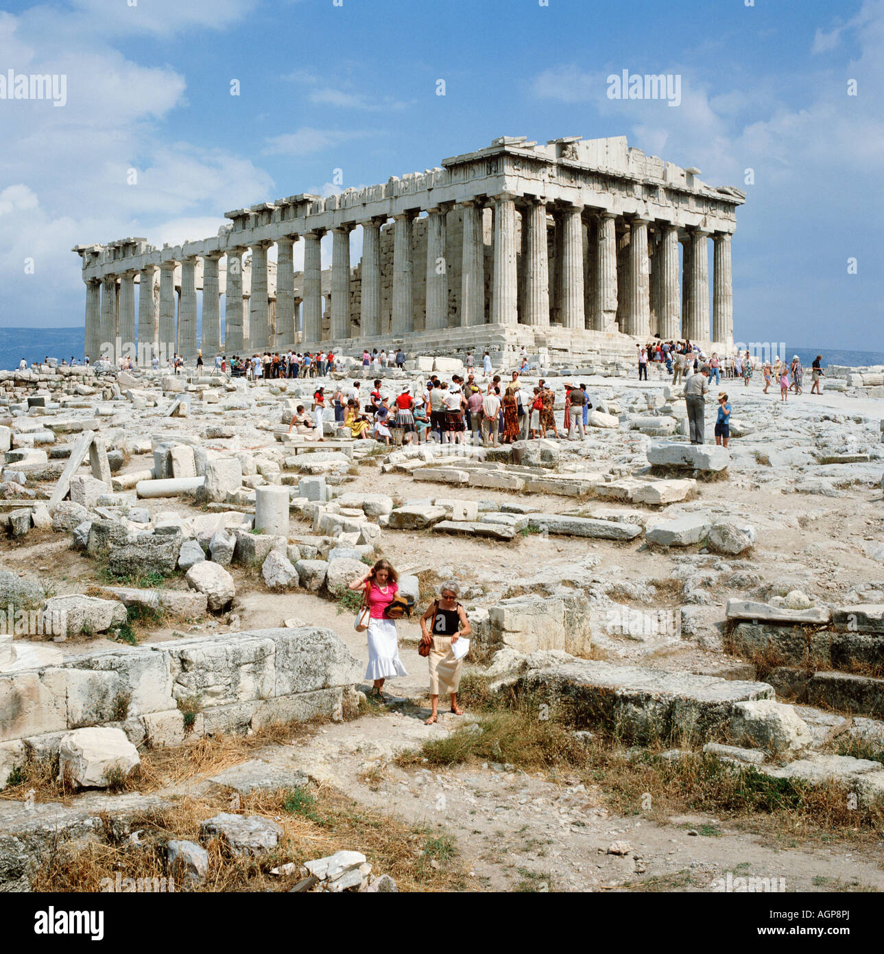 Athens, tourists sightseeing at the Parthenon on the Acropolis, Greece ...