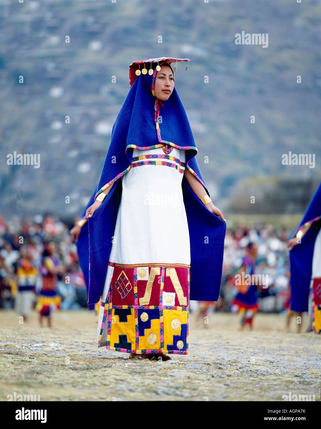 South America, Peru, Cusco. Woman dressed in costume for Inti Raimi ...