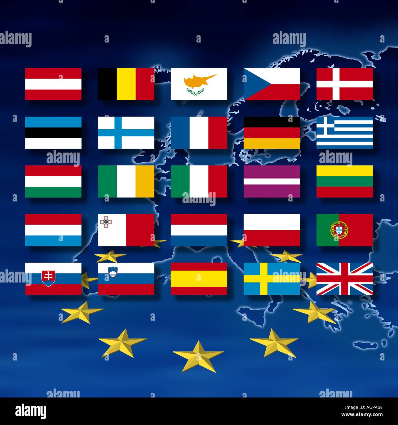 Flags of the EU Member Nations over Stylized Map and Star Circle Stock ...