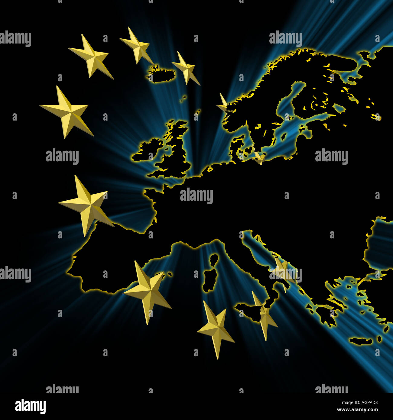 Golden Stars Circling Eclectic Map of Europe Stock Photo - Alamy