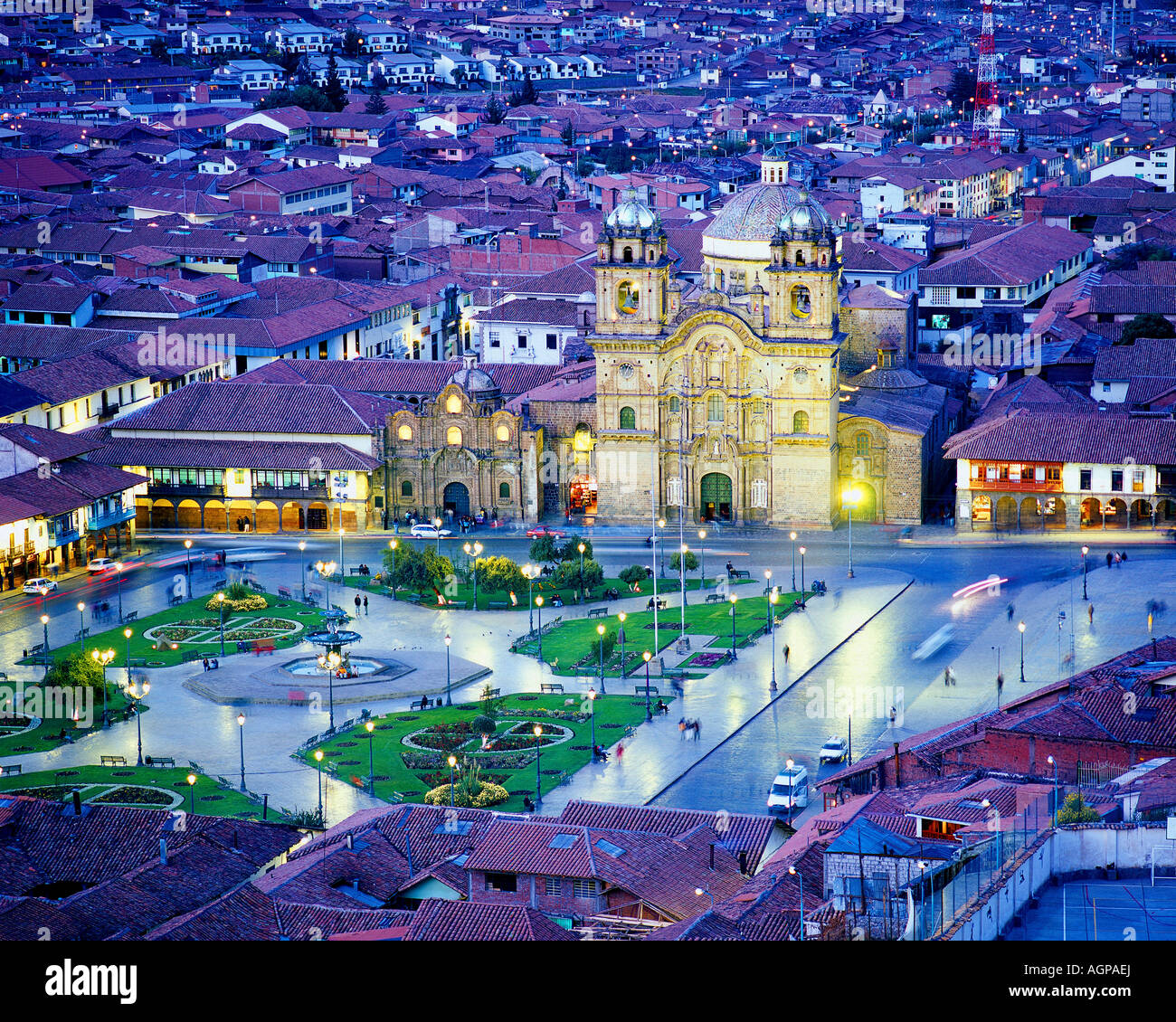 South America, Peru, Cusco. Twilight aerial view of the main square ...