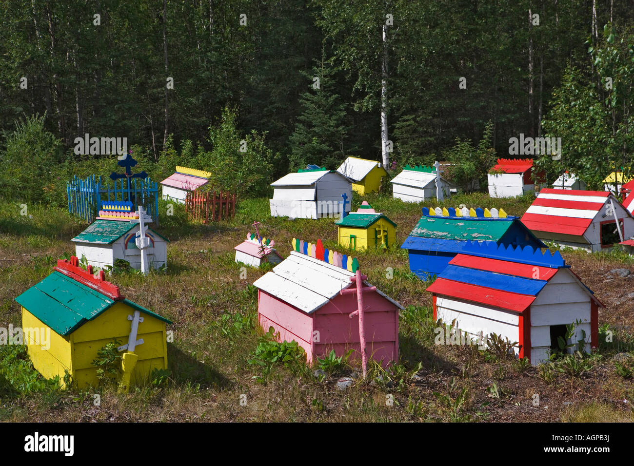 USA, Alaska, Eklutna. Colorful spirit houses are built over gravesites ...