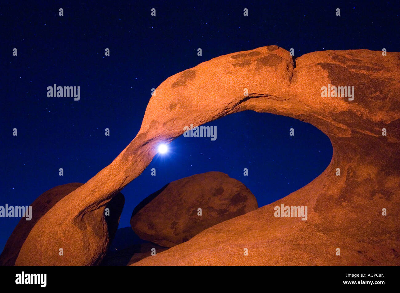 USA, California, Alabama Hills Night photo with colored flash of rock ...