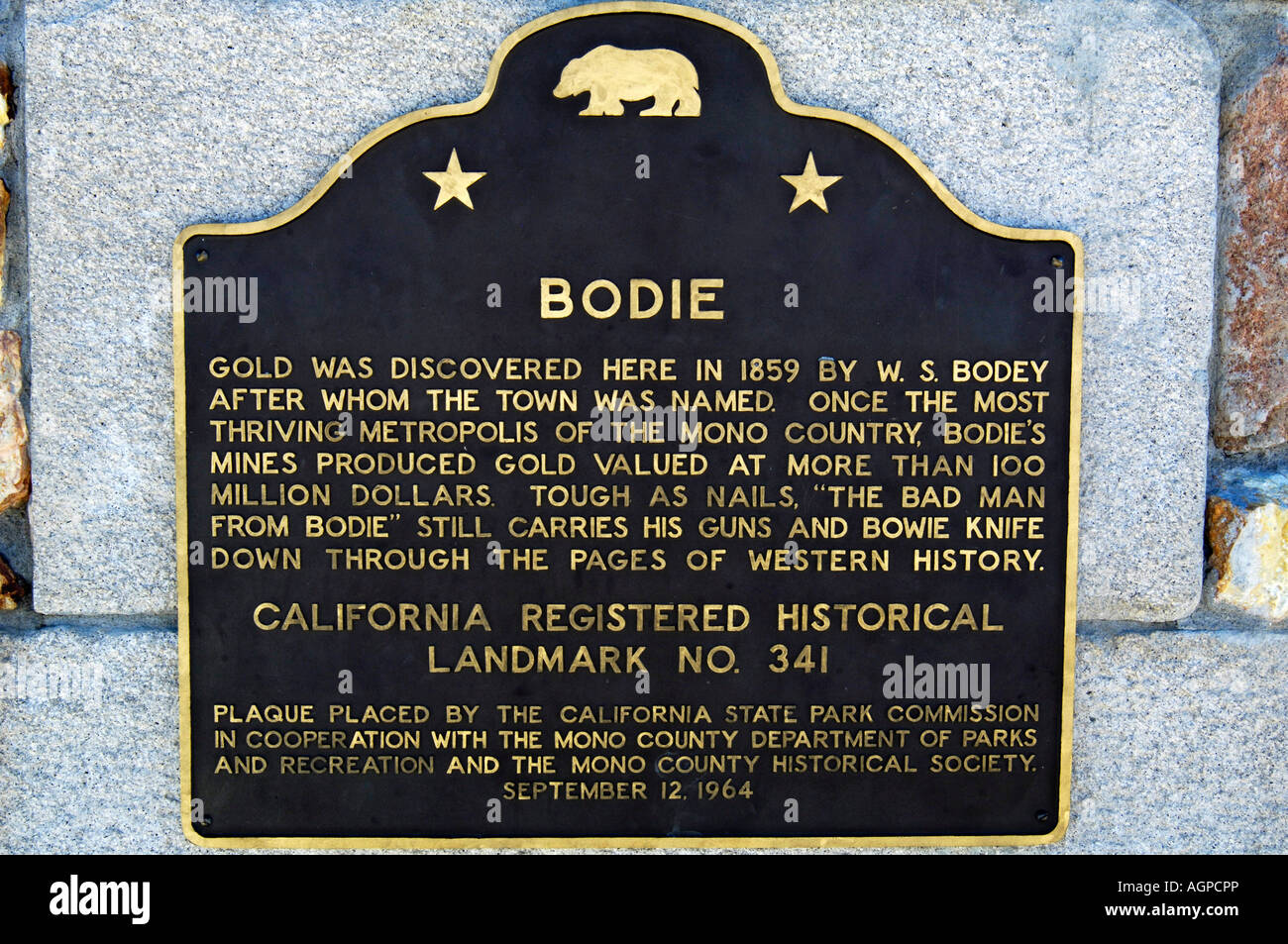 USA, California, Bodie state Historic Park, Bodie town name plaque ...