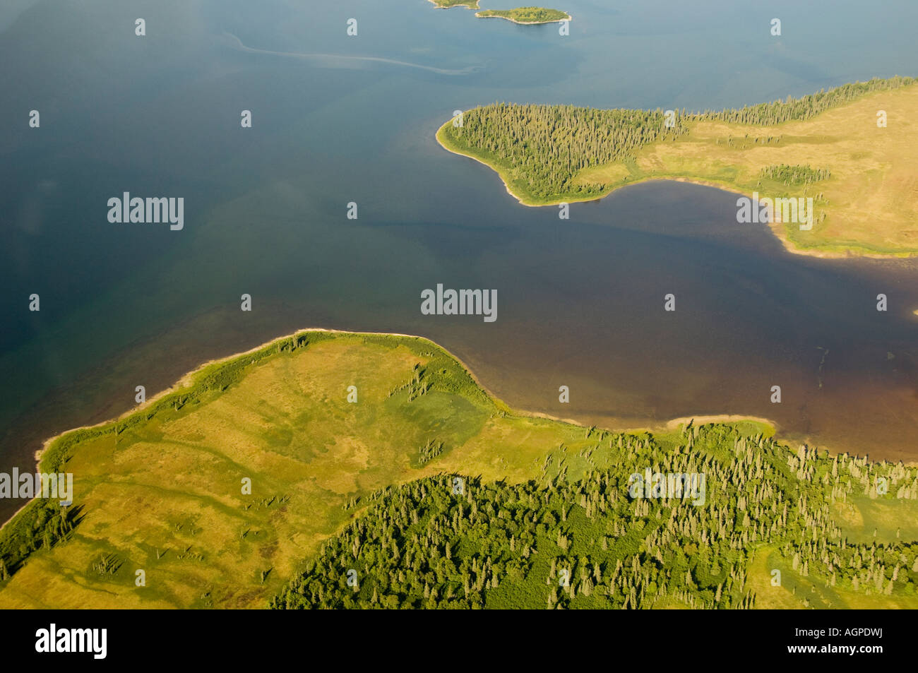 Alaska Southwest Aerial view of river outlet over Wood -Tikchik State ...