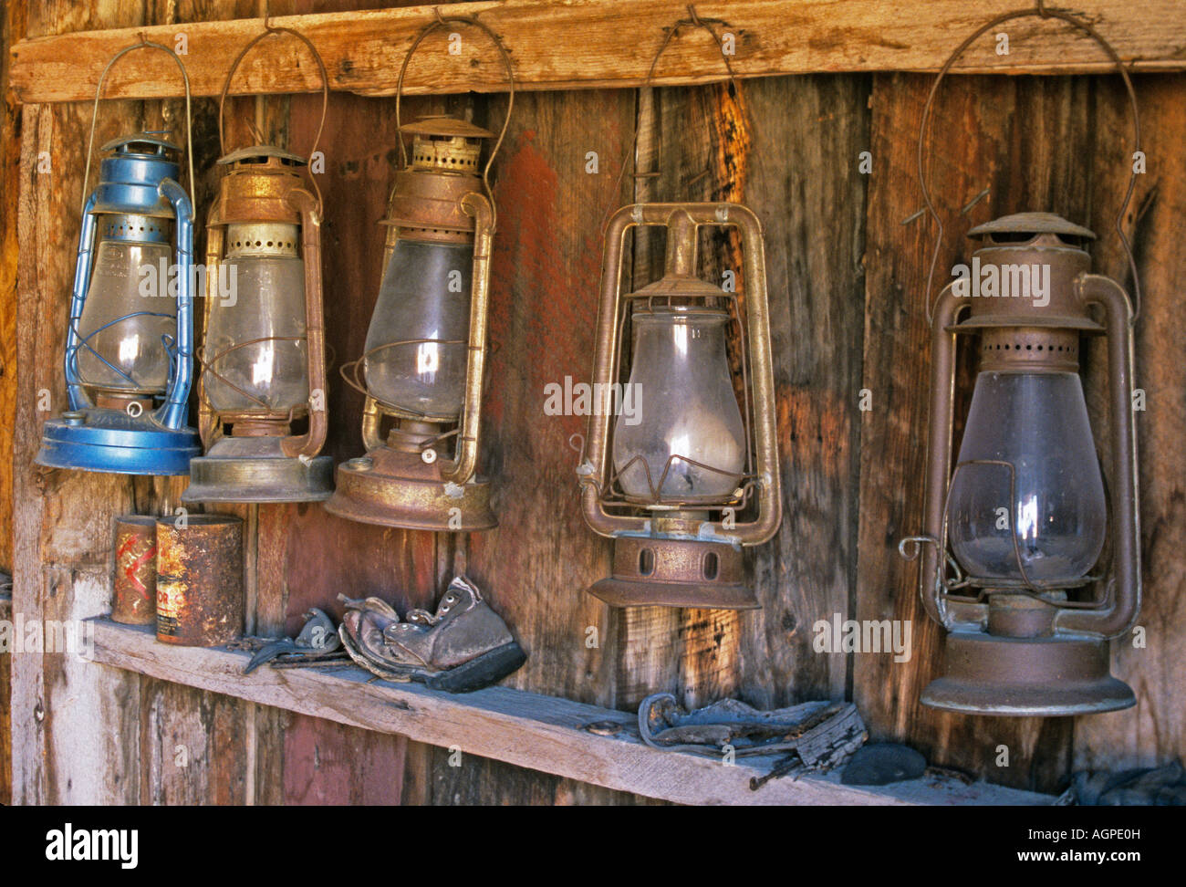 USA, California, Bodie State Historic Park. Lanterns inside Boone's ...