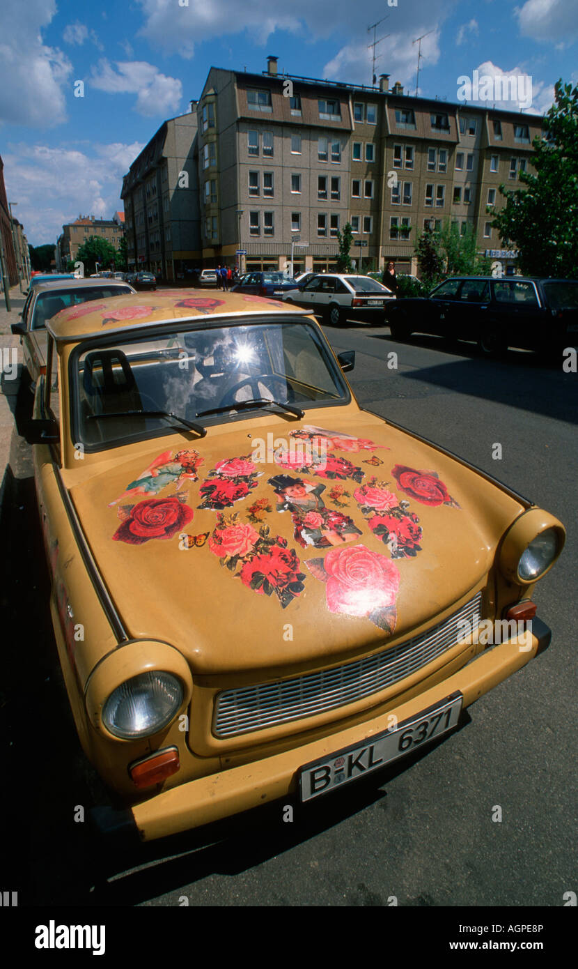 Trabbi. Trabant. Old car painted with roses in Berlin Mitte Stock Photo ...