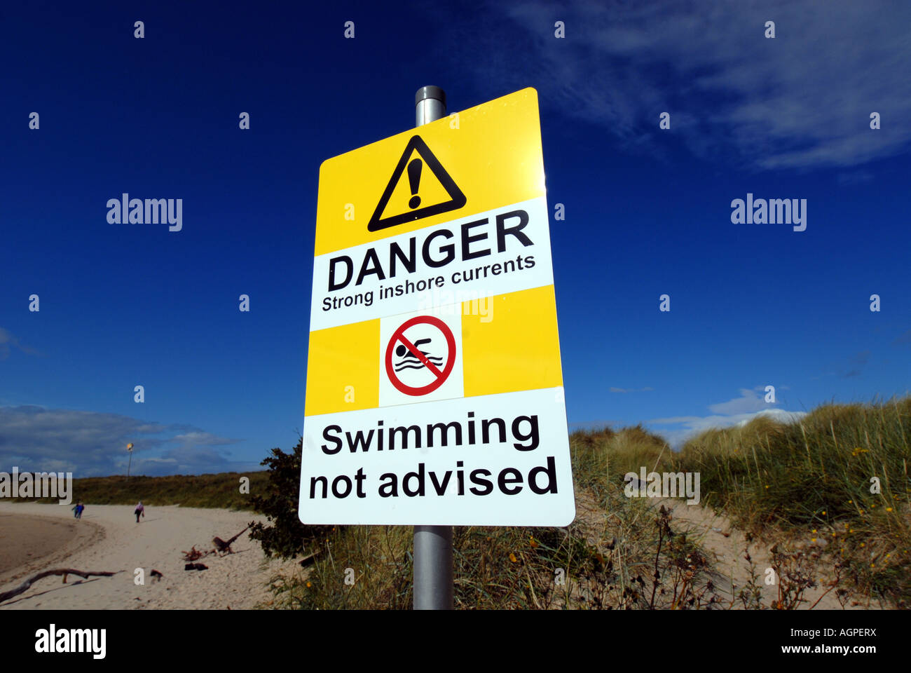 A SWIMMING WARNING SIGN ON FINDHORN BEACH,SCOTLAND.UK,BRITISH Stock ...