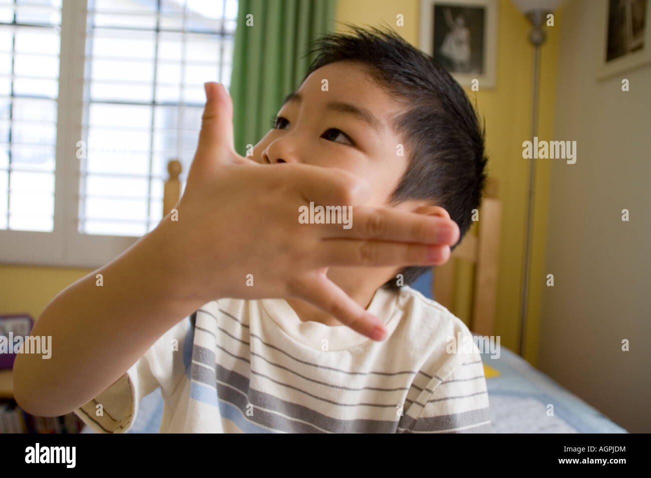Little Boy Making Hand Animals Stock Photo - Alamy