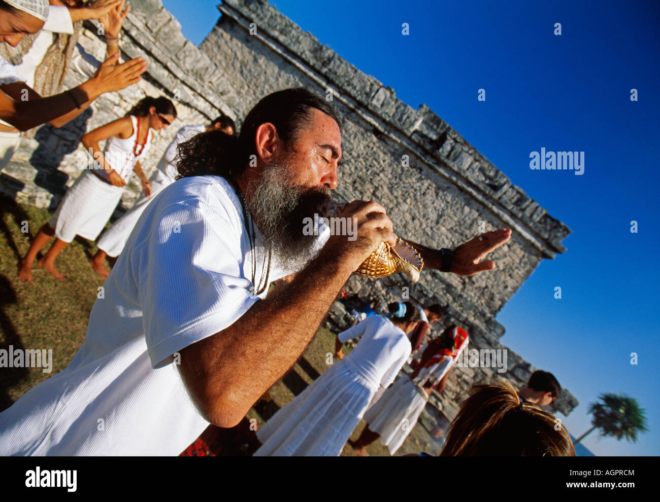 Mexico, Tulum, Tourists and Maya Indians during ceremony at beach Stock ...