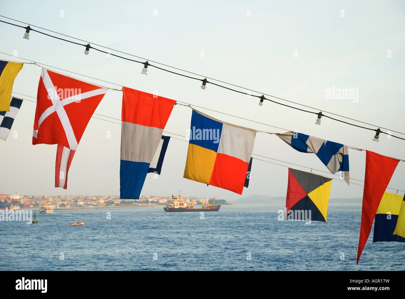 Pilot flags of a Turkish navy ship southern mouth of the Bosphorus Sea ...