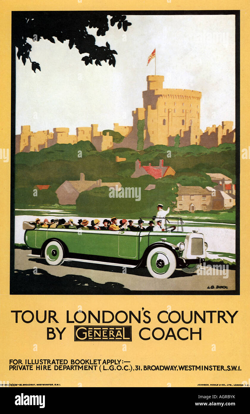 1930s British coaching poster showing open-topped coach with guide ...