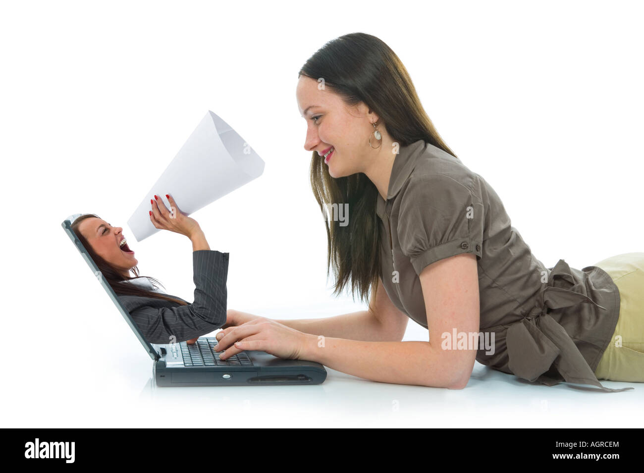 business woman and laptop on white background Stock Photo - Alamy