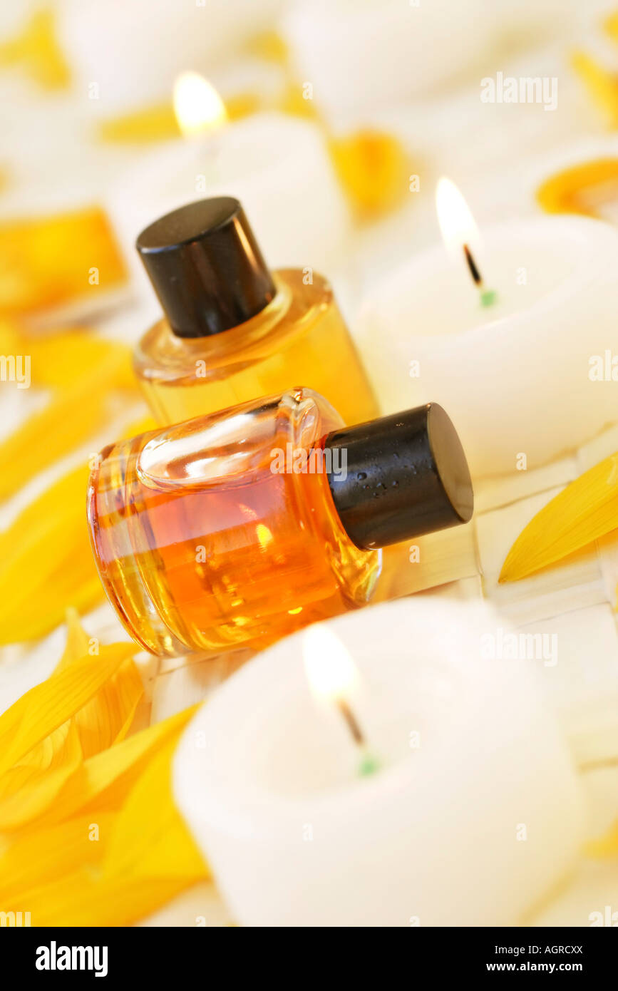 mixture of soothing oils and scented candles to de stress life Stock ...