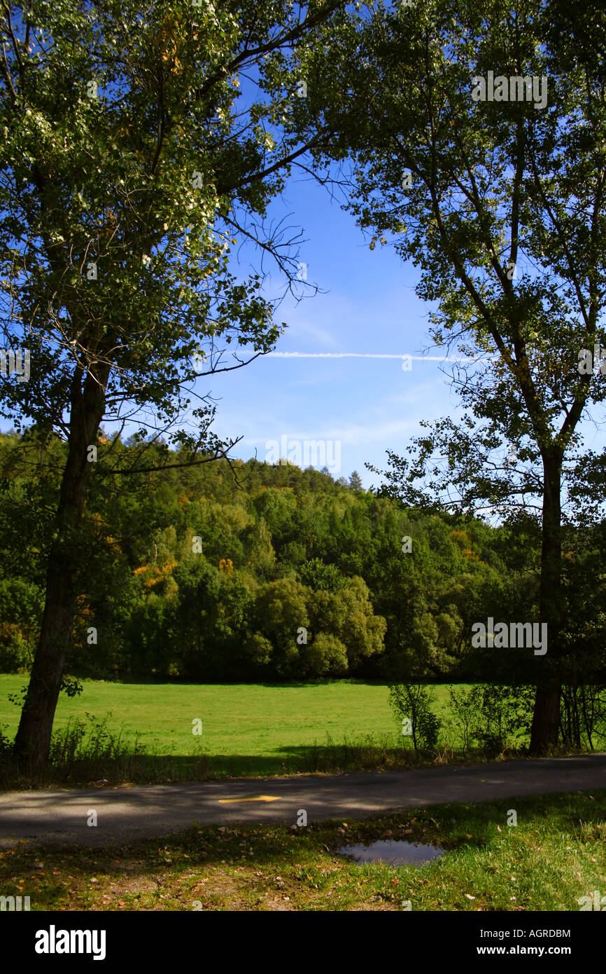 Scenic countryside with lush green trees framing a forested hill under ...