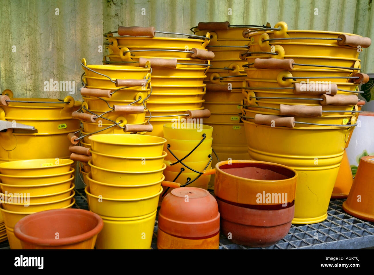 Buckets in a shop Stock Photo - Alamy