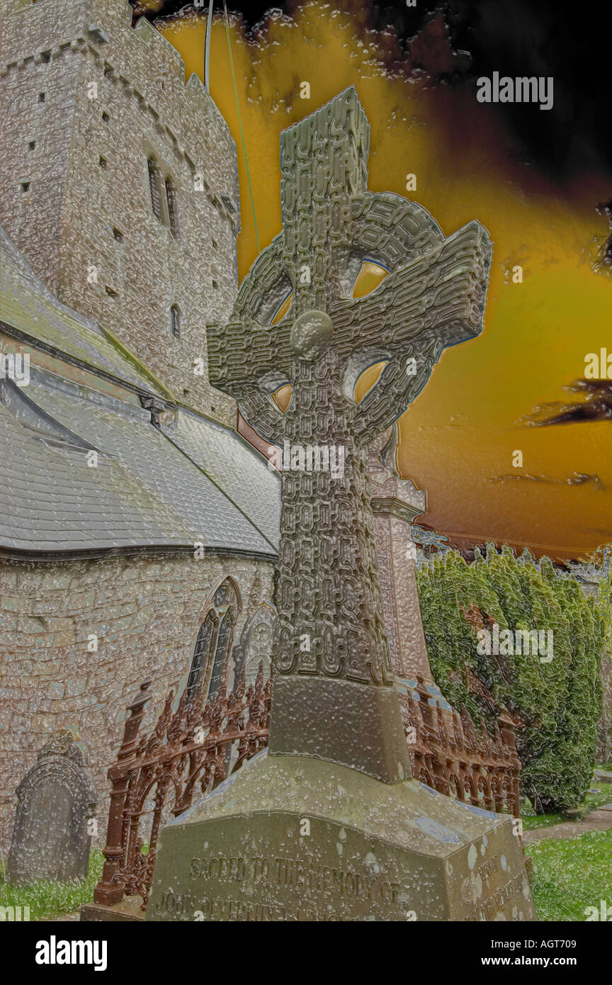 Illustration of an early Celtic Cross in a Graveyard in Wales, UK Stock ...