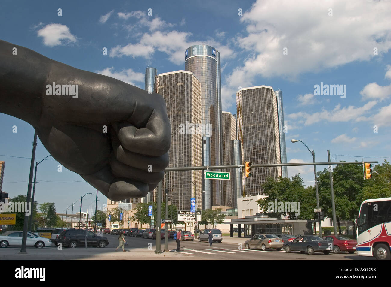 The Joe Louis Fist and the Renaissance Center in Downtown Detroit Stock ...
