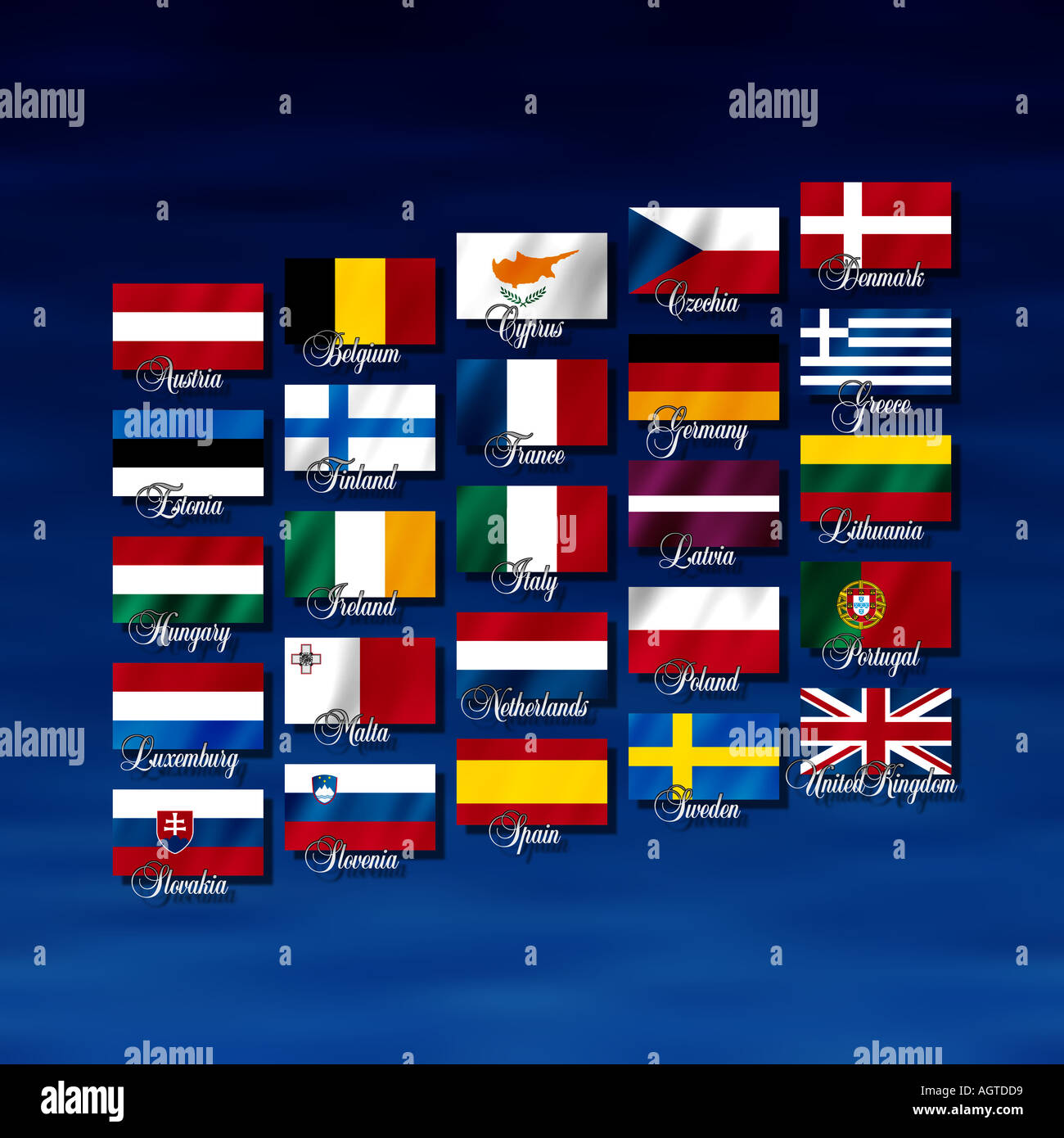 Flags with Names of the Member Nations of the European Union in a ...