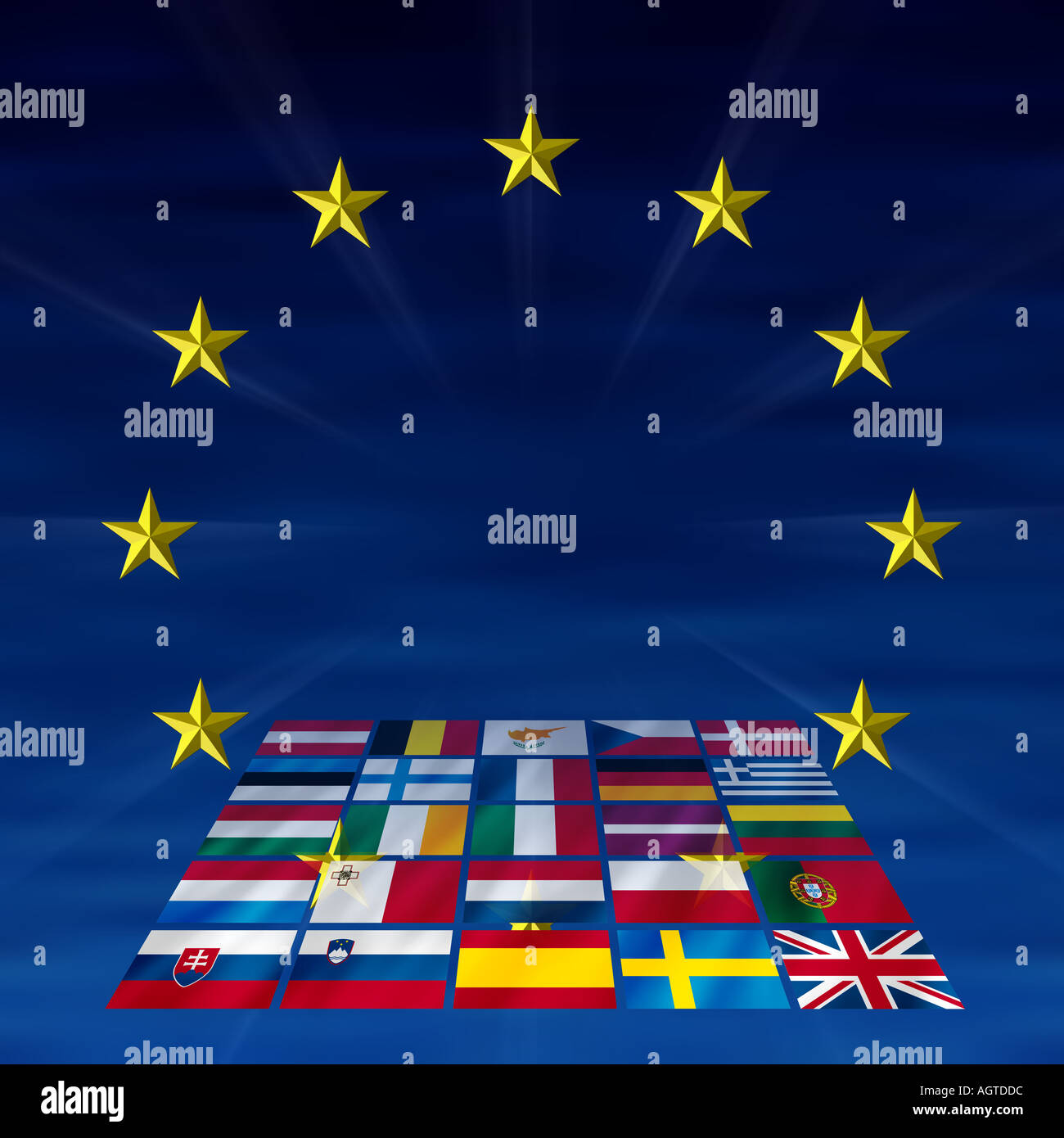 Flags of EU Nations in a perspective and the Circle of Stars Straight ...