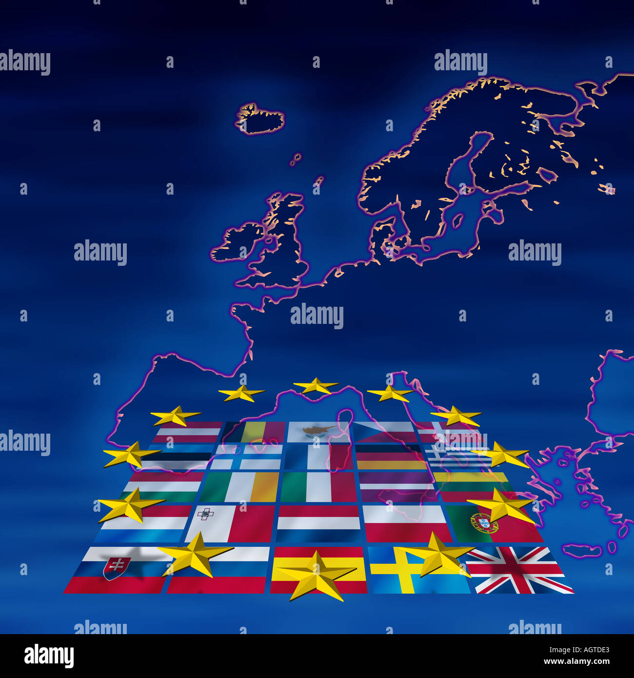 Eclectic Map of Europe with Flags of EU Member Nations and Circle of ...