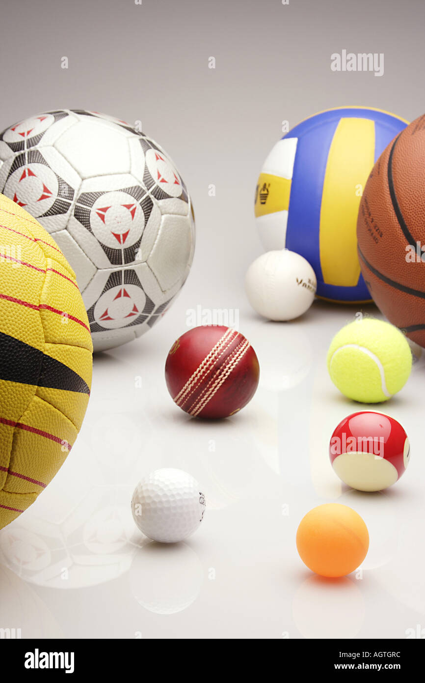 Assorted ten round different colors various sizes diameters balls ...