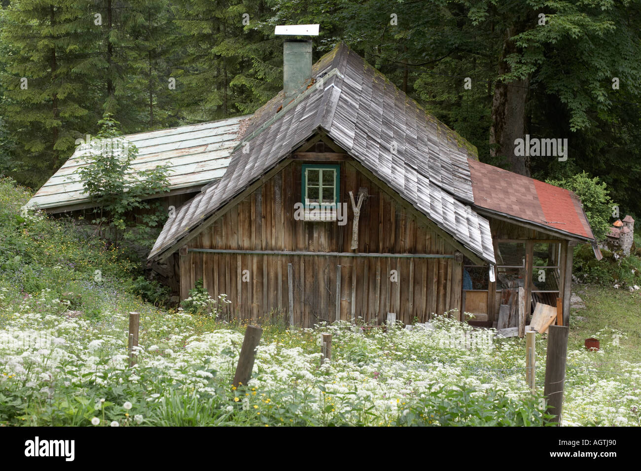Wooden hut on Salzberg mountain. Hallstatt village, Salzkammergut ...