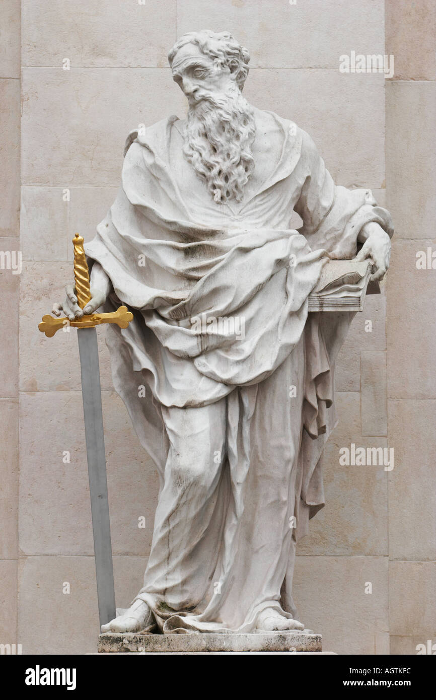 Marble statue of St. Paul on the low tier of Dom cathedral. Salzburg ...