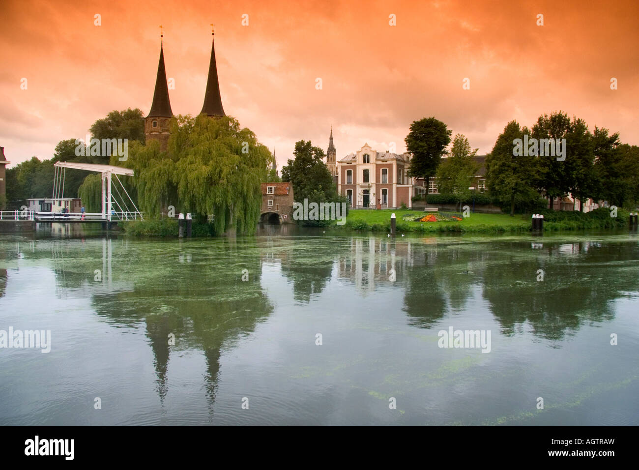 The Eastern Gate and centre along a canal in the city of Delft in the ...