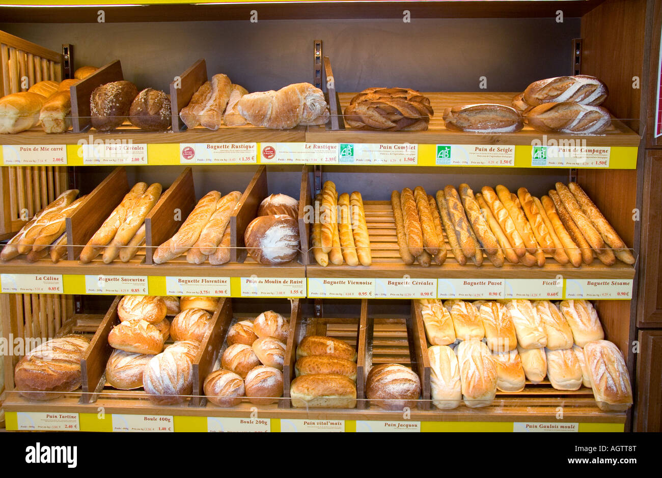 A display of fresh bread at a bakery in Calais in the department of Pas ...