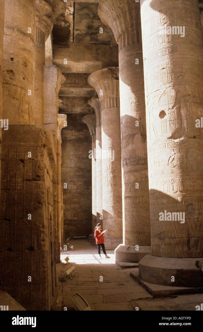 Egypt, Edfu Inside the Temple of Horus, engraved pillars in the outer ...