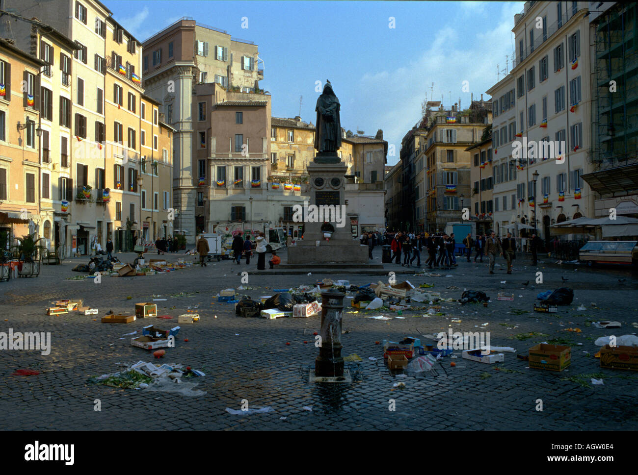 Italy Rome Statue of the philosopher Giordano Bruno overlooks a litter ...