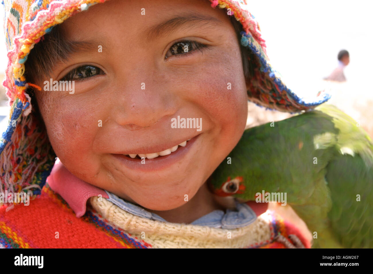 Young Peruvian boy with his pet parrot at Sacsayhuaman near Cusco Peru ...