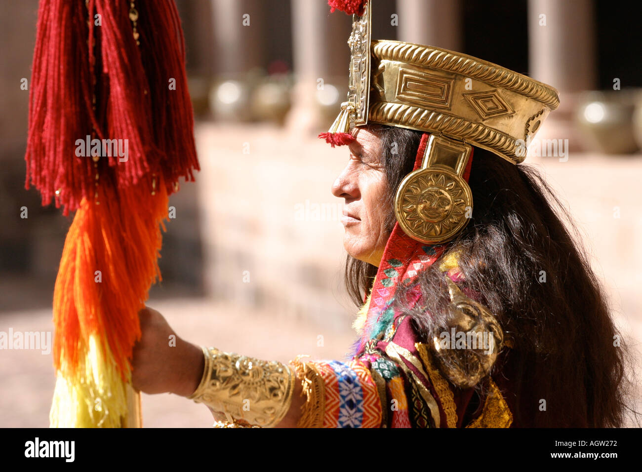 Man in traditional Incan dress at the Coricancha Iglesia Santa Domingo ...