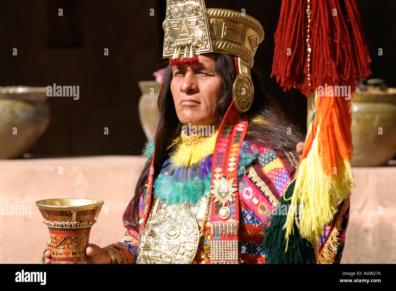 Man in traditional Incan dress at the Coricancha Iglesia Santa Domingo ...