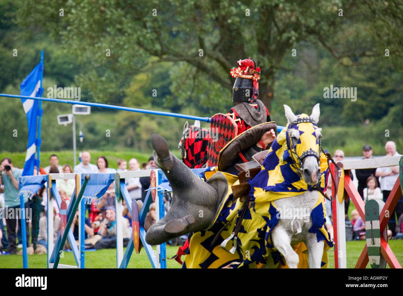 Medieval knight knocked off horse during jousting tournament Stock ...