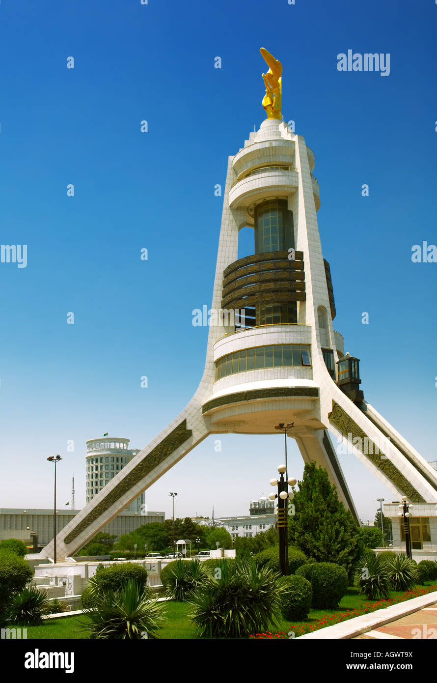 Tripod monument with golden statue of former Turkmen President ...