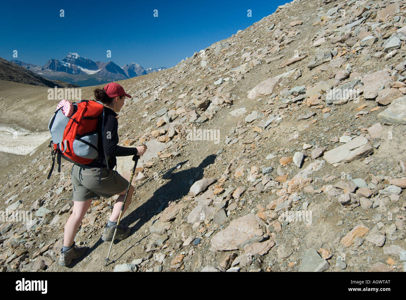 A woman hiking to the Notch on the Skyline Trail, Jasper NP, Alberta ...