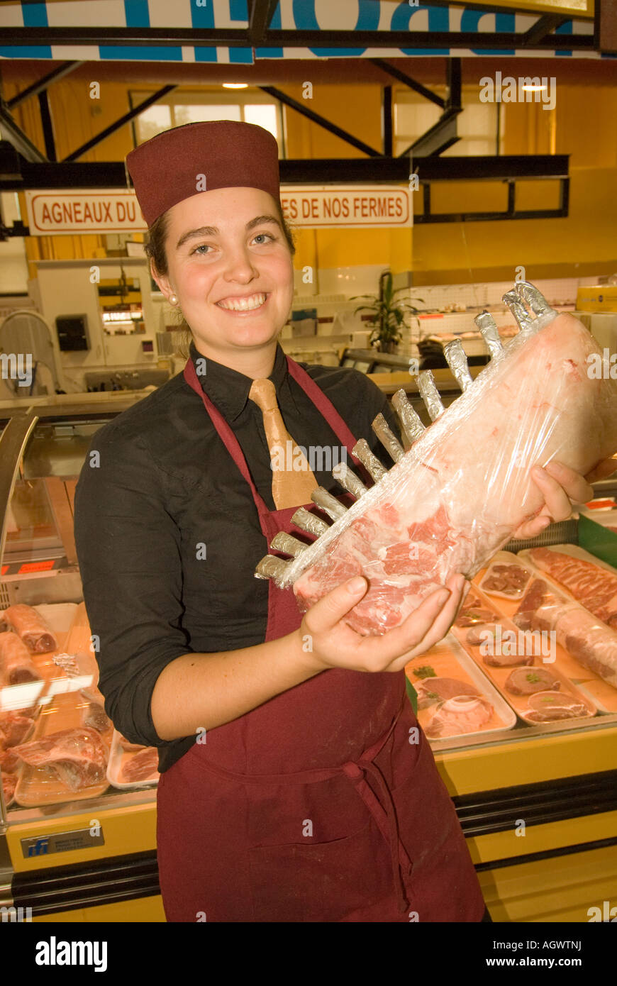 Canada Montreal Quebec Atwater Public Market smiling woman meat vendor ...