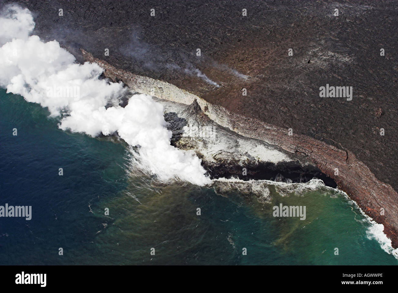 Aerial view of Lava Flow from Hawaii Volcano National Park seashore ...
