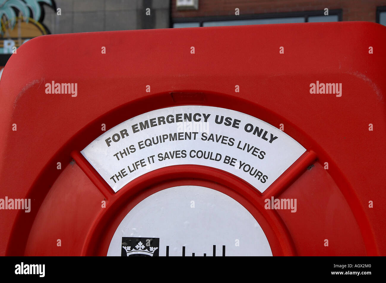 Warning notice on Life saving equipment at Hull Marina Stock Photo - Alamy